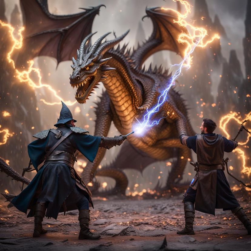 Wizards fighting a dragon - AI Generated Artwork - NightCafe Creator