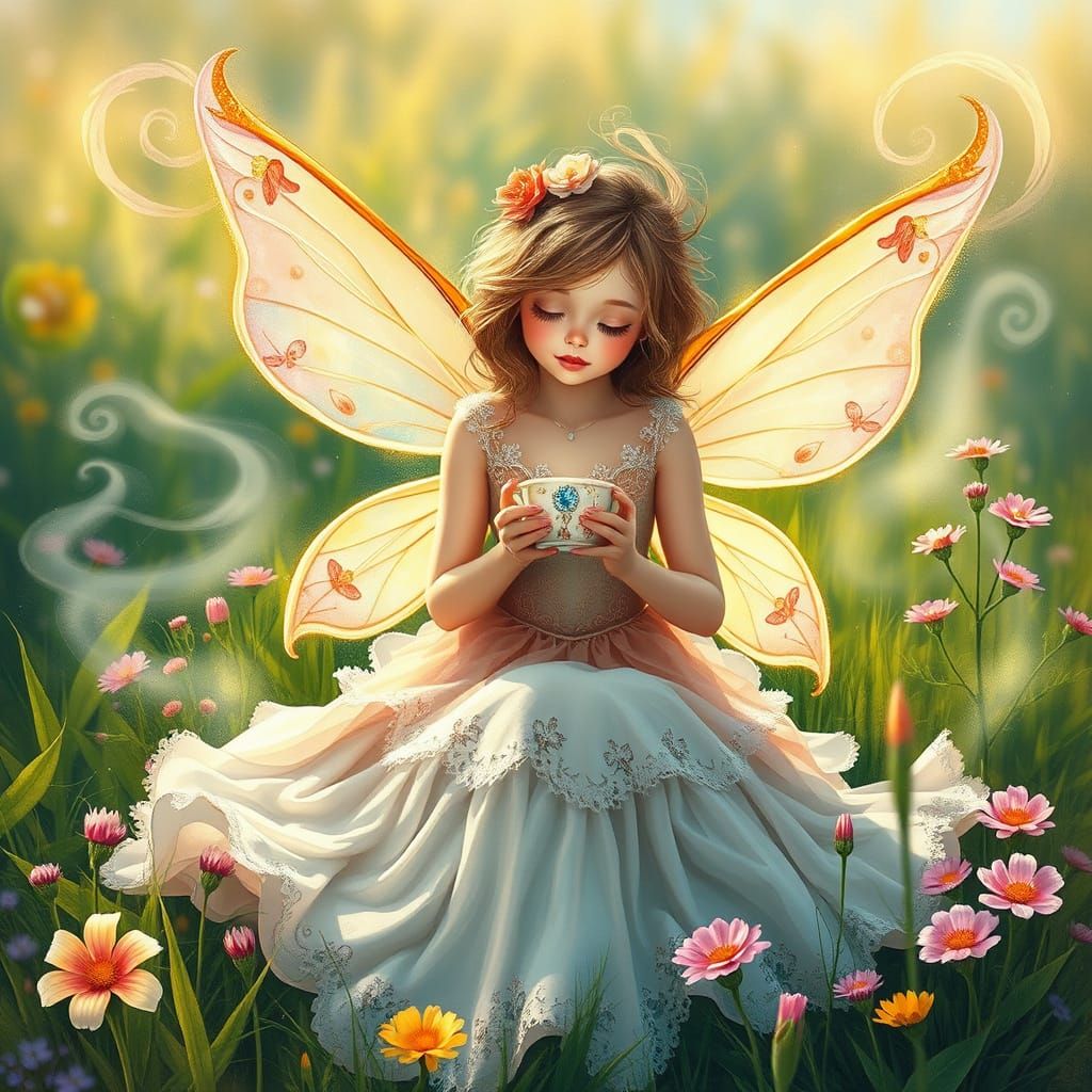 Sunny day fairy drinking tea - Whimsical Fairy in Lush Mead...
