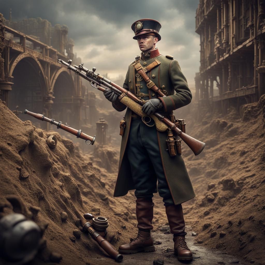 British soldier with different steampunk accoutrements standing in ...