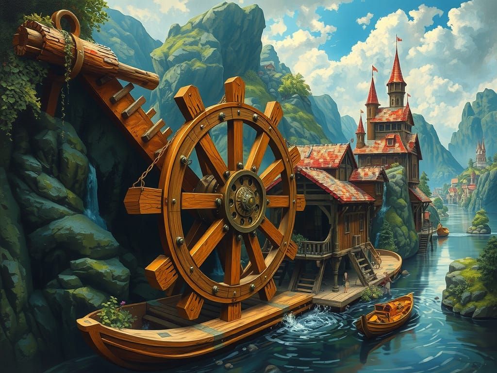 Fantasy Waterwheel Powers Floating Village in Whim... - AI Art