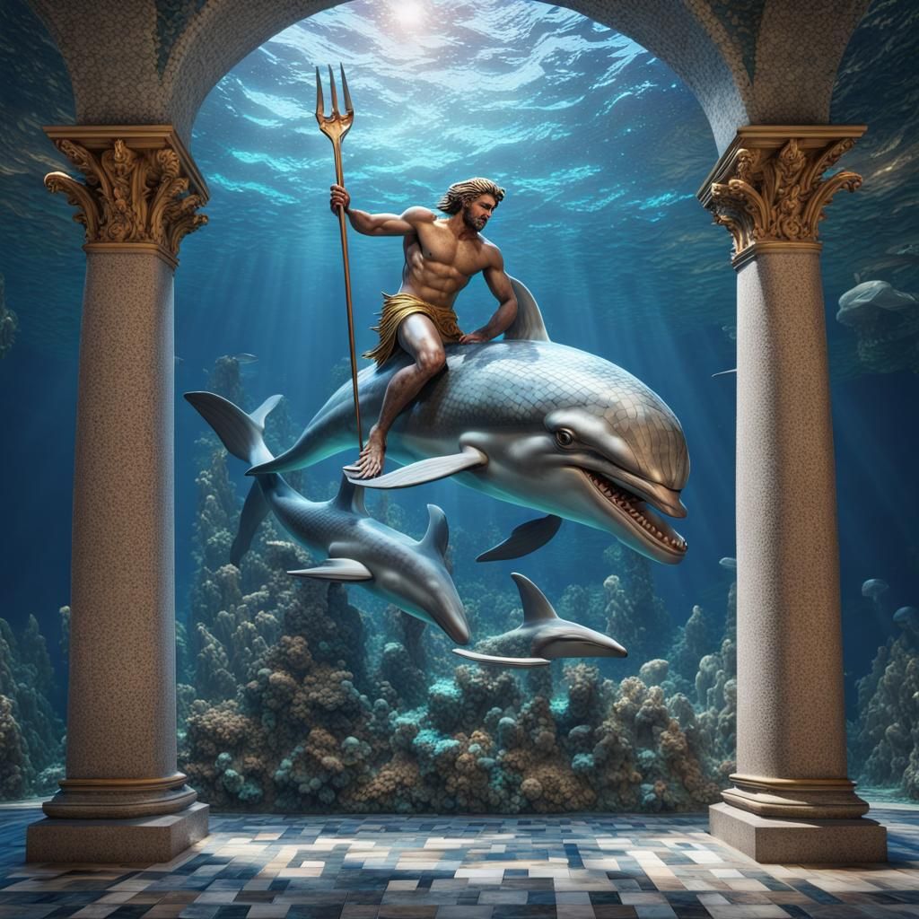 Neptun riding on his dolphin. - AI Generated Artwork - NightCafe Creator