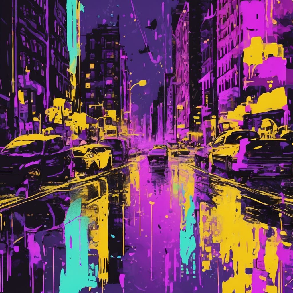 Vibrant Cityscape in Dazzling Drip Painting - AI Art