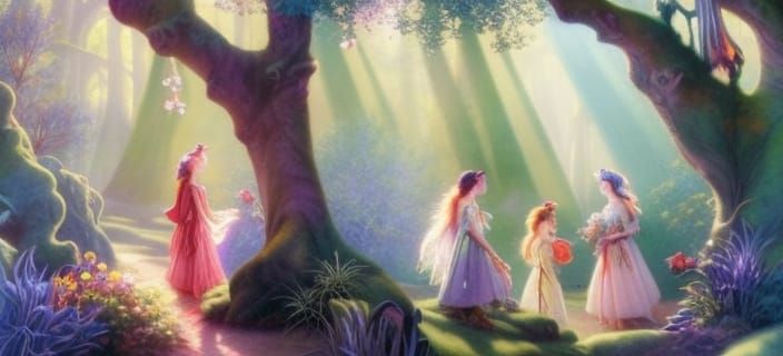 A fantastical and whimsical forest scene with a group of mischievous ...