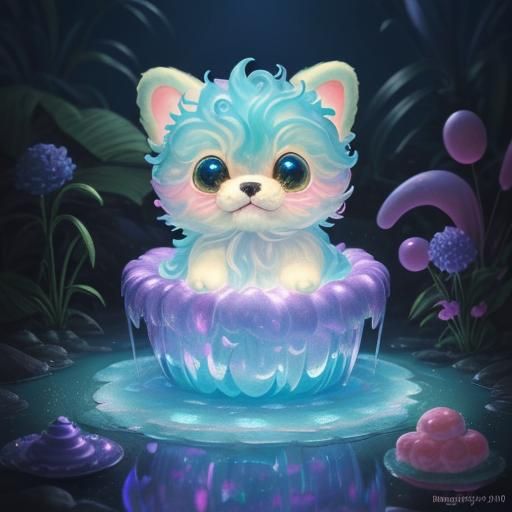 adorable cute chibi baby furry Puppy with a bioluminescent Waterfall in ...