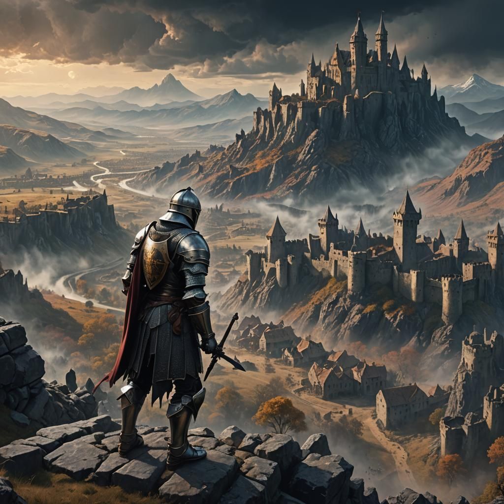 A lonely fantasy knight patrolling on a battered ancient castle walls ...