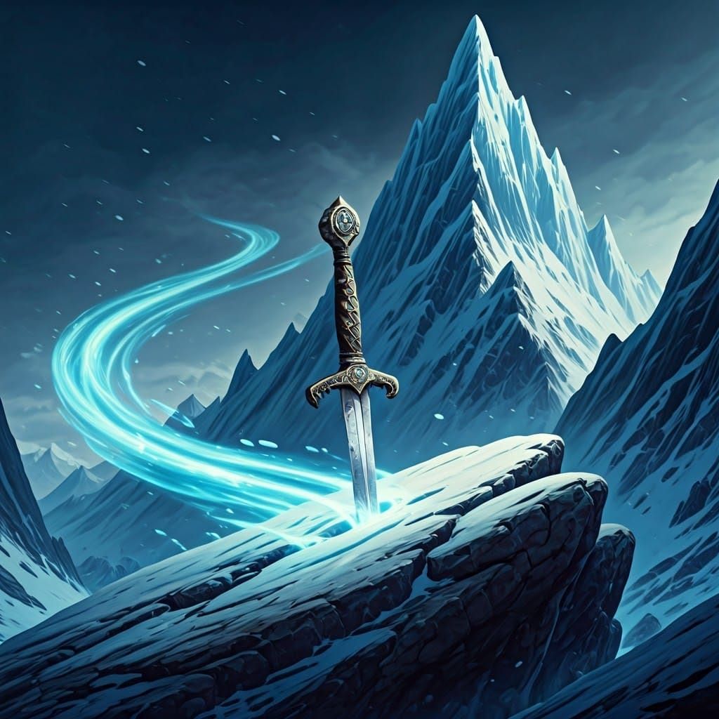 Fleming Sword Shrouded in Icy Wind and Snowy Mount... - AI Art