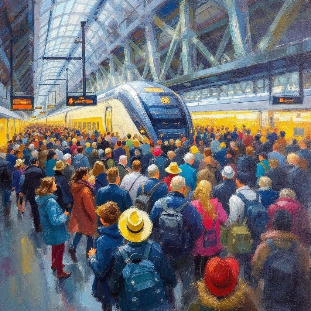 Impressionism oil painting. Train Station Rush