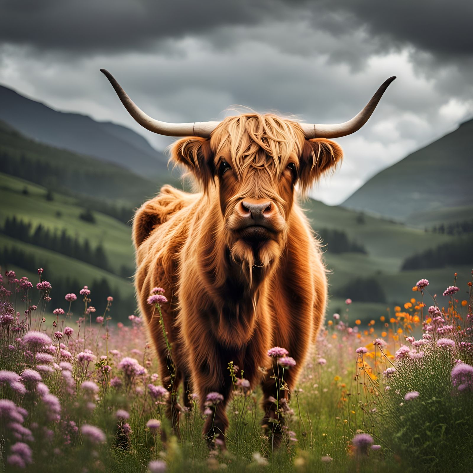 Highland Cow in Meadow of Flowers - AI Generated Artwork - NightCafe ...