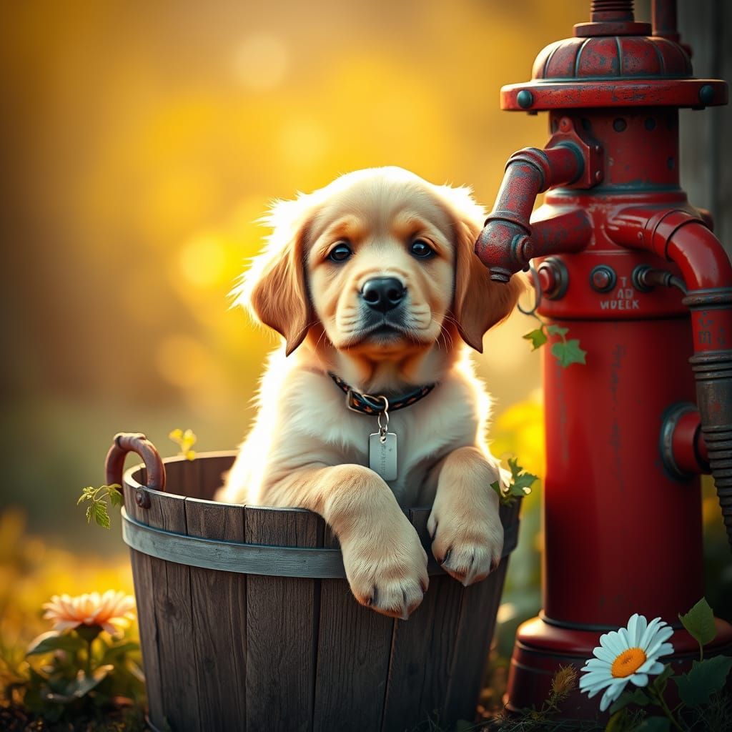 Golden Retriever Puppy Sits in Vintage Bucket Besi... - AI Art