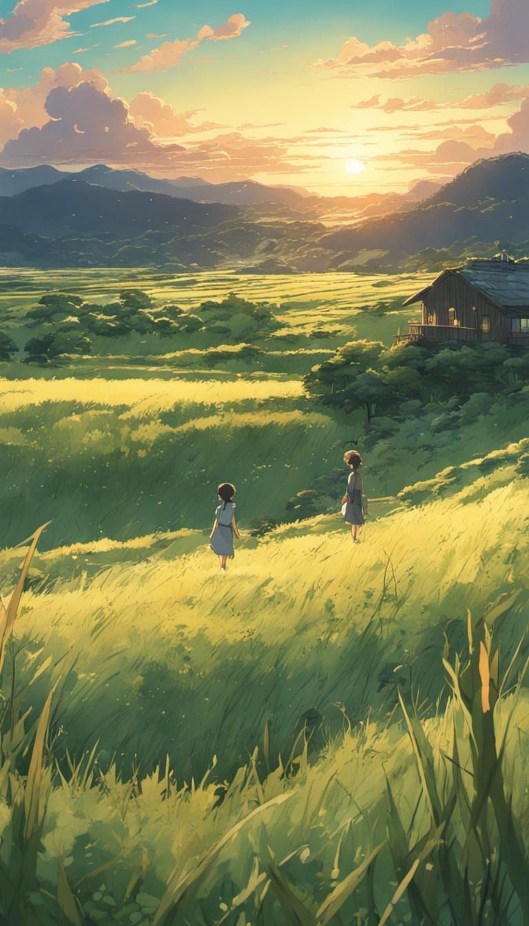 A field of grass with a sunset Studio Ghibli, Anime Key Visual, by ...