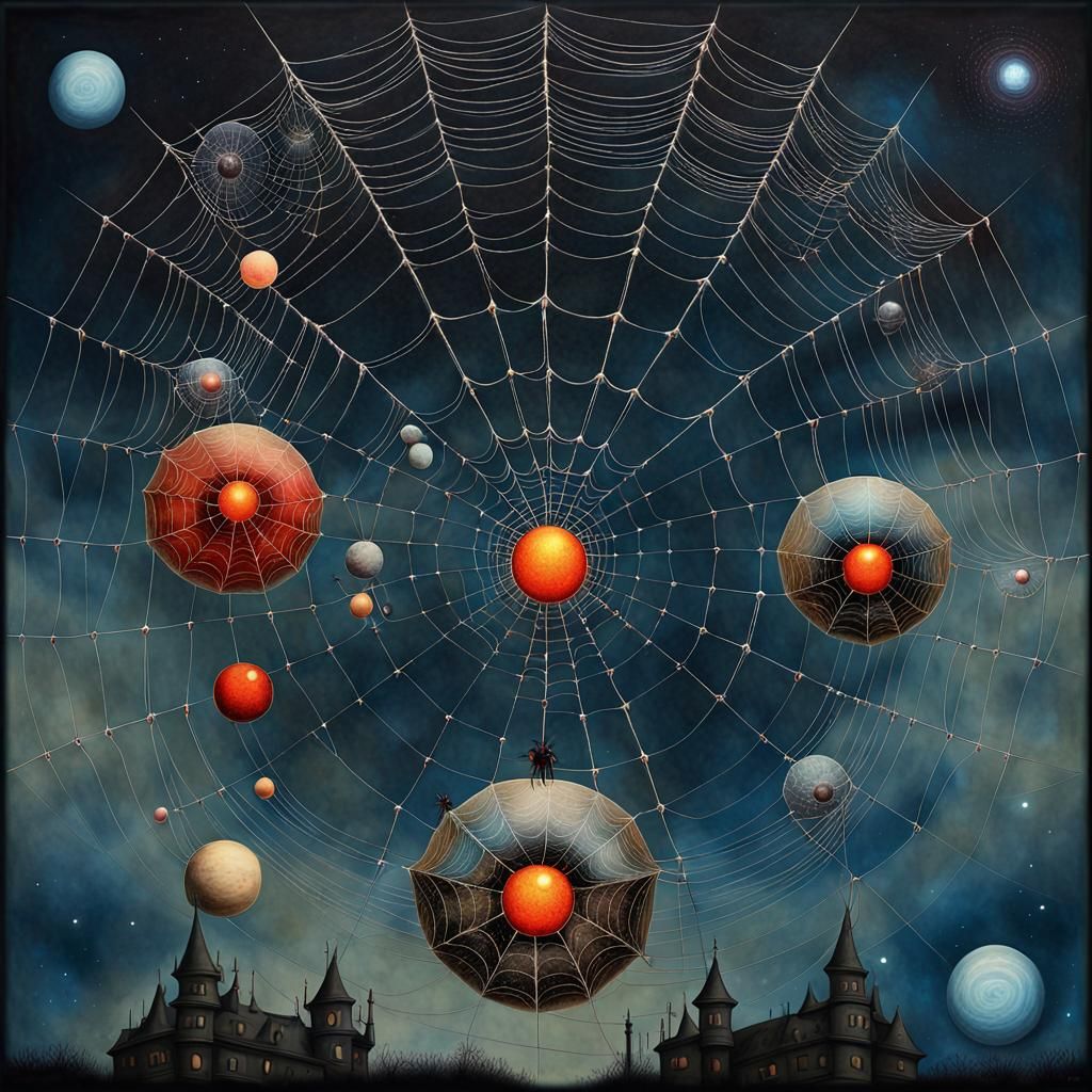 "Sparkling Spiders web as the solar system with planets caught in the ...