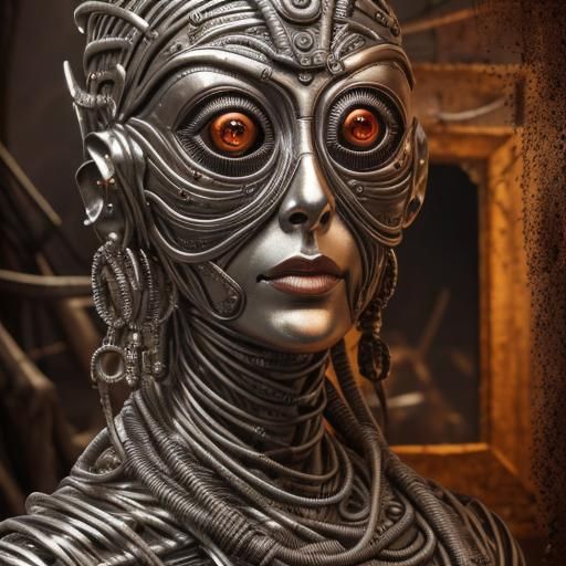 a close-up metallic mummy patched clay and wire sculpture with weird ...