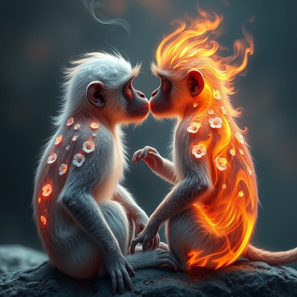 beautiful image if two small monkeys, half of the body is made out of ...