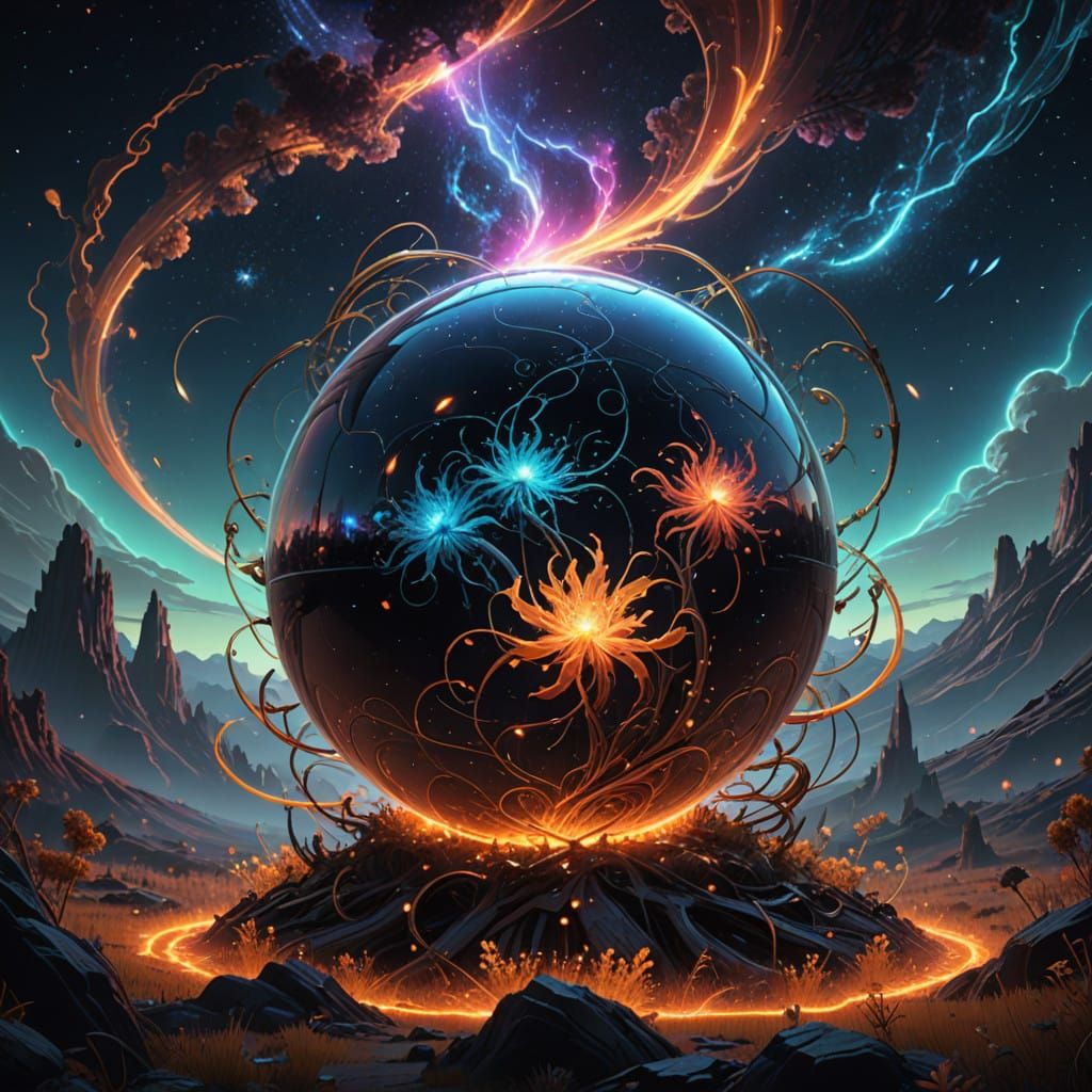 Cosmic Dance in Vibrant, Swirling 4D Sphere with G... - AI Art