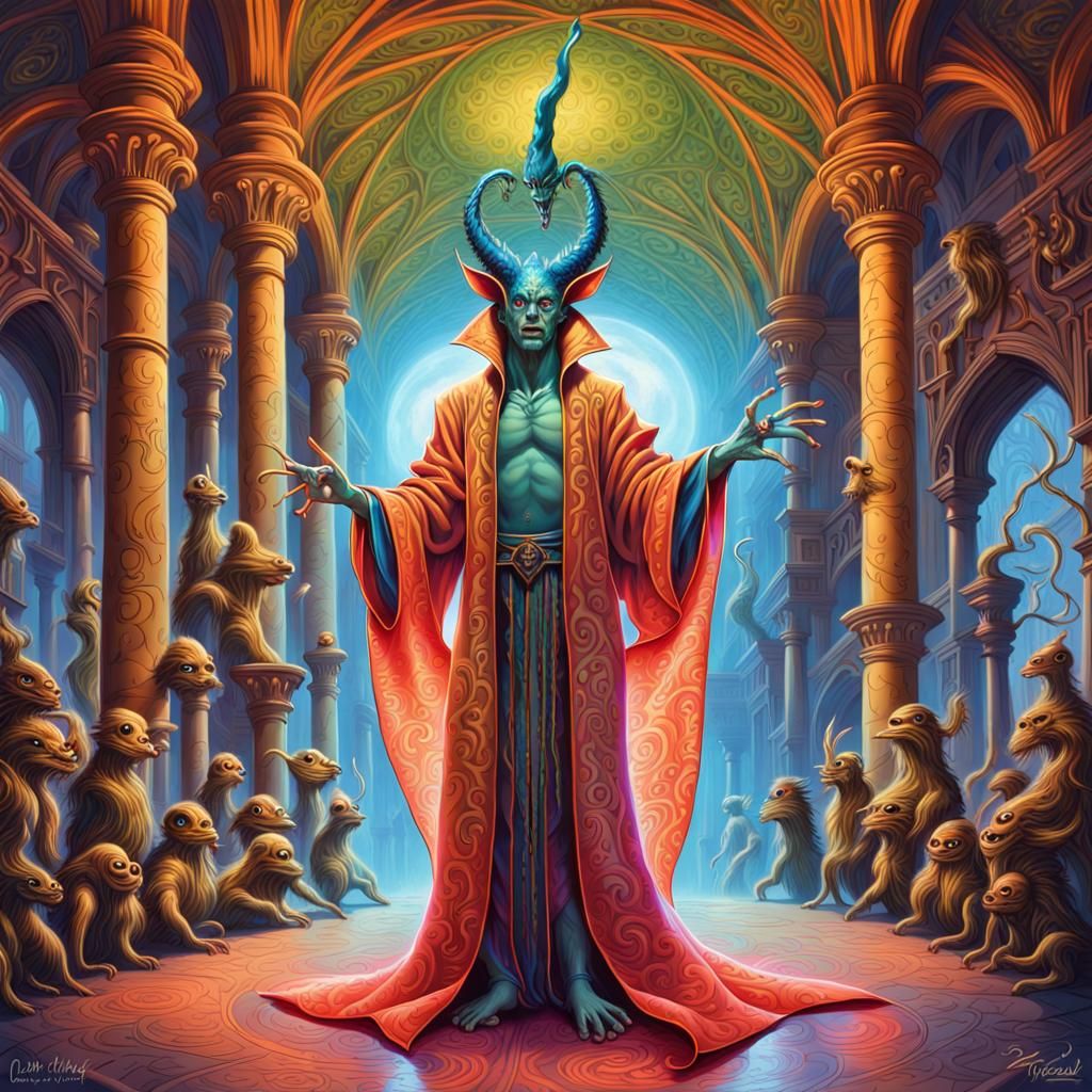 In the style of Boris Vallejo, weird alien sorcerer wearing an ...