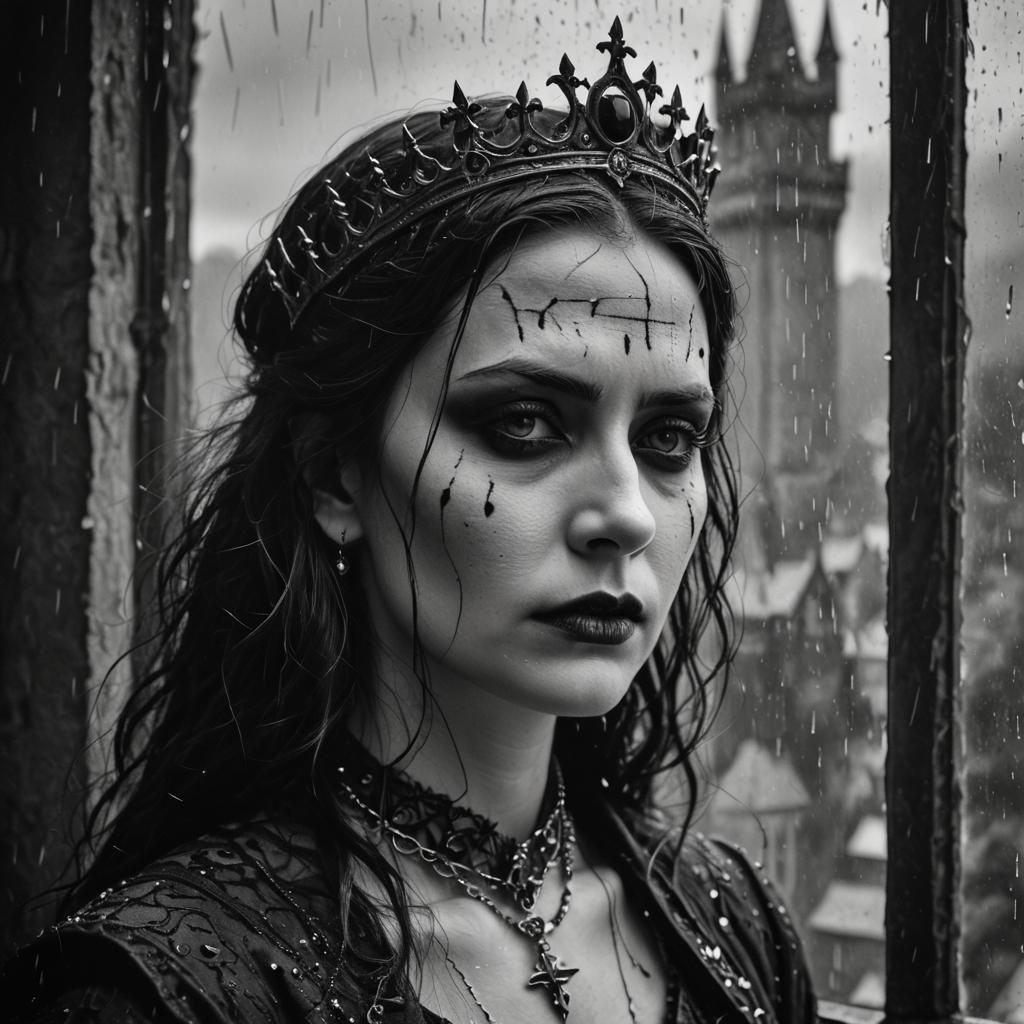A mighty goth queen watching the rain fall from her high tower - AI ...