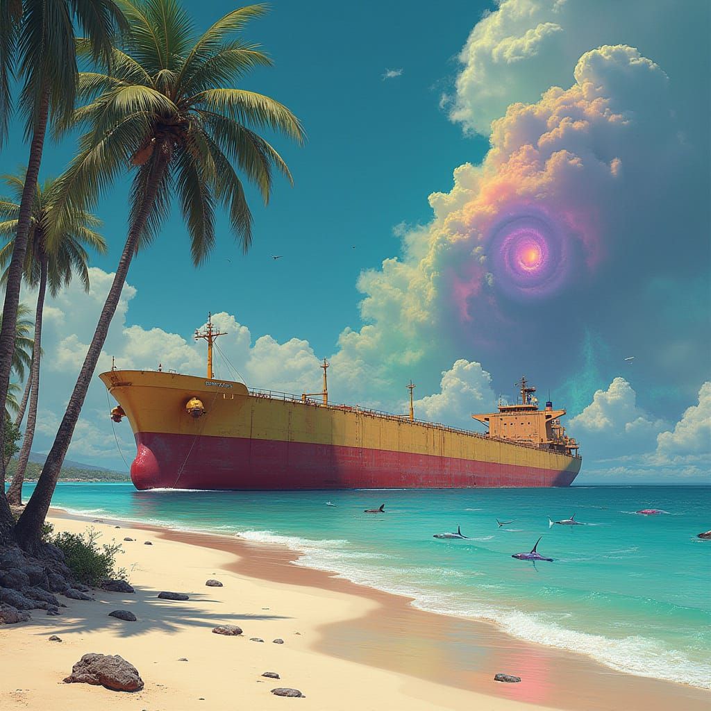 Surreal Oil Tanker Emerges from Iridescent Beach - AI Art