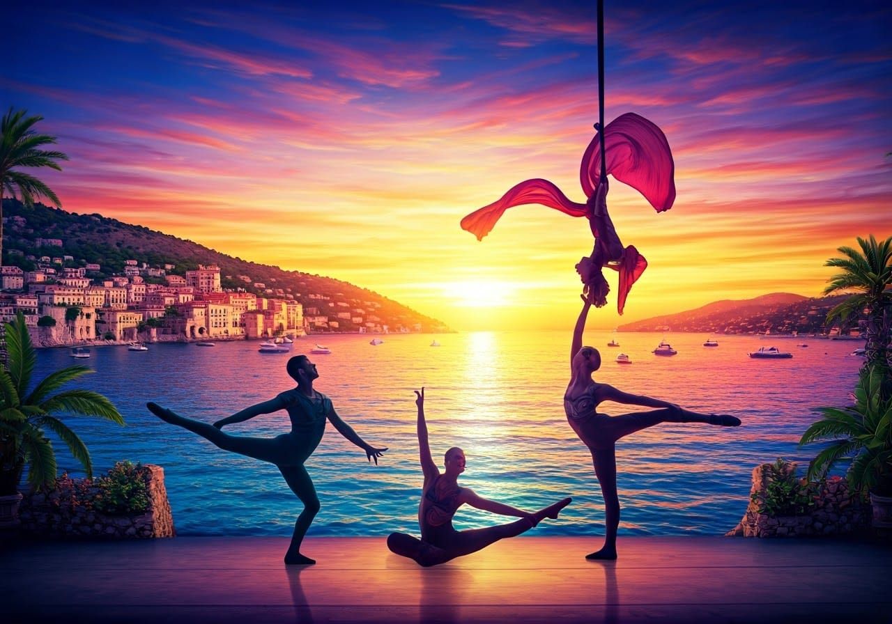 Surreal French Riviera Sunset Scene with Acrobats - AI Art