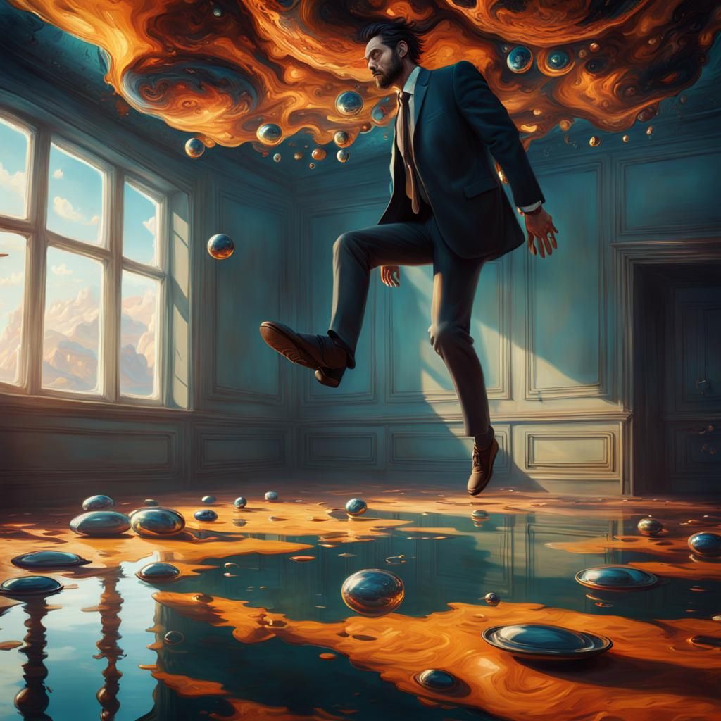A man walks feets on the ceiling. Floating objects Everything is upside ...