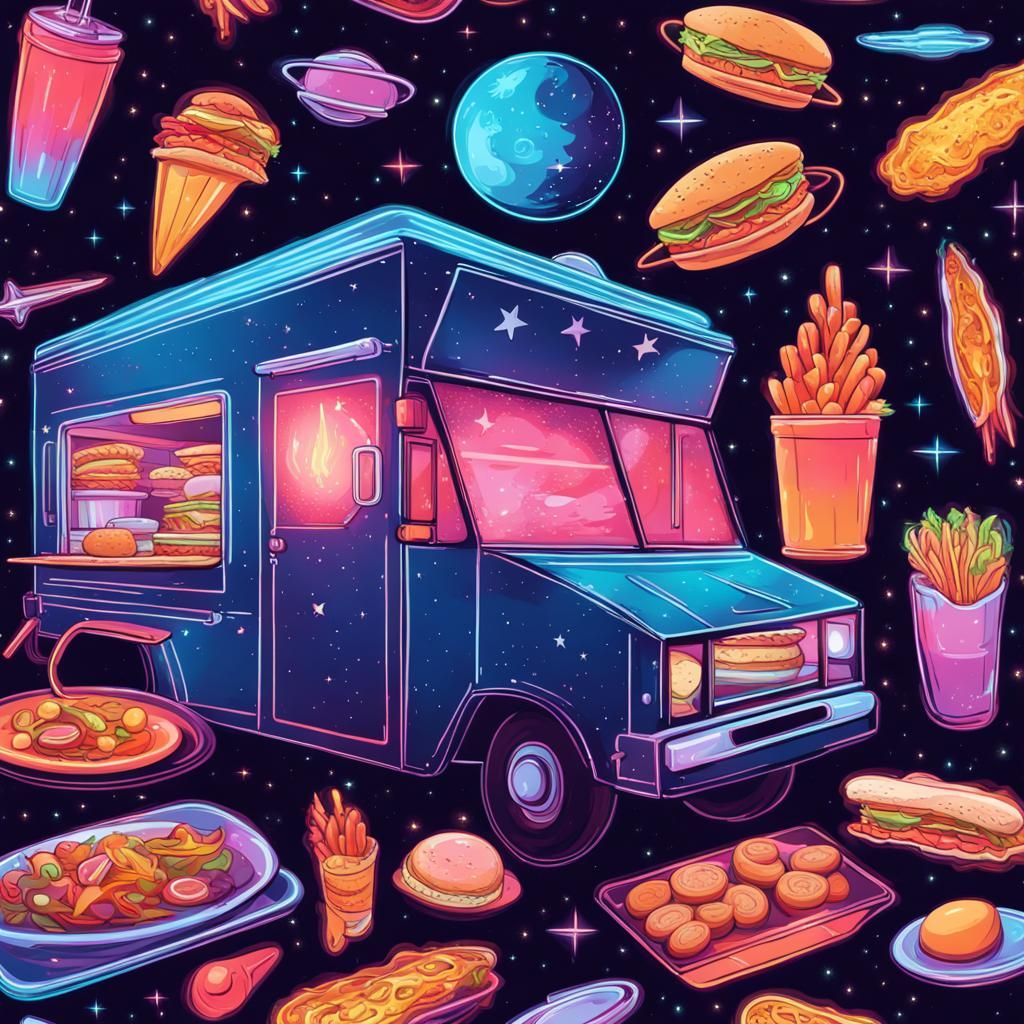 Space Food Truck, Neon lights, comet, stars, astroid, hologram display ...