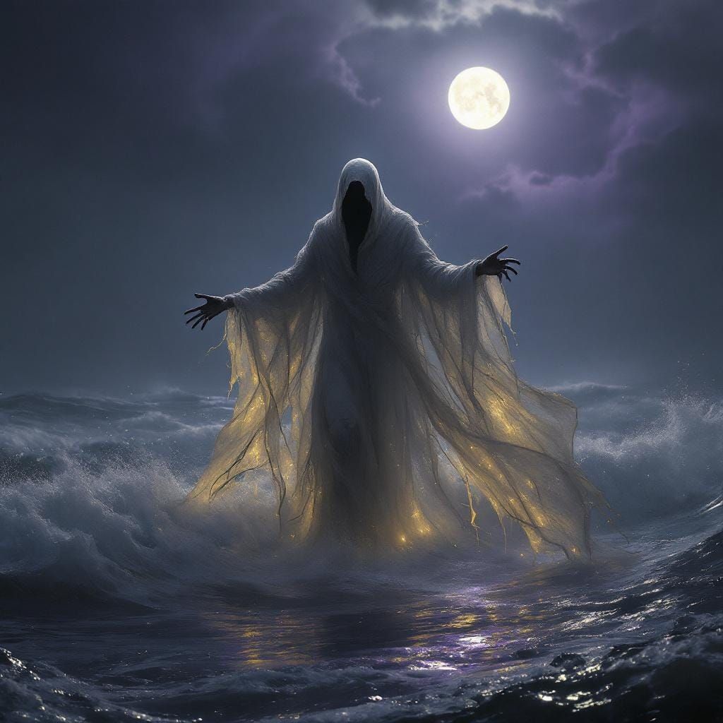 Phantom at night - Ethereal Phantom Floating Over Dark Ocean