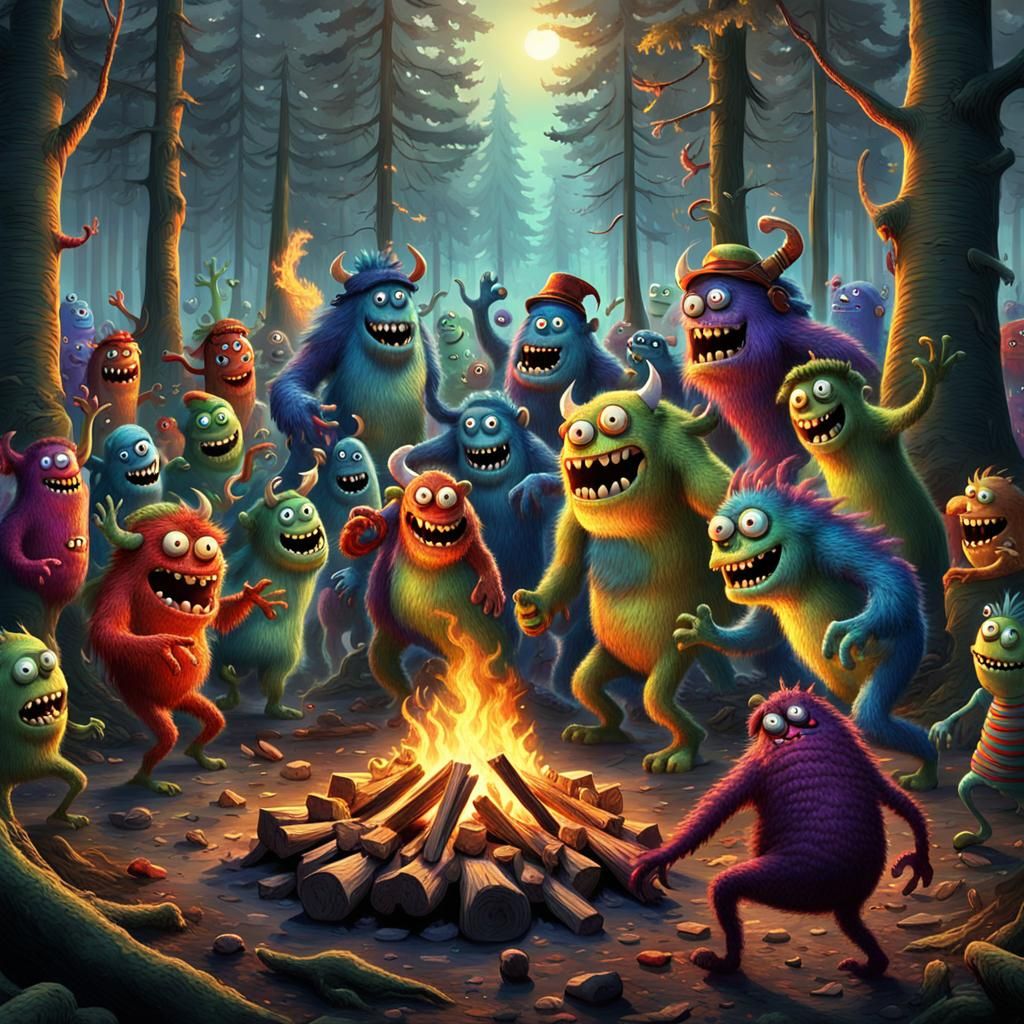 Colorful Monster dance party in a forest around a bonfire. CGI cartoon ...
