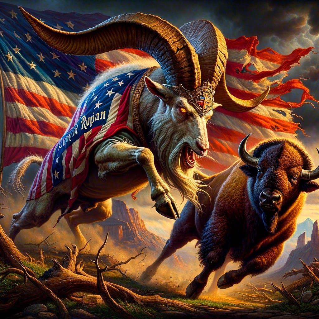 The he-goat attacks an American buffalo.