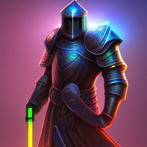 a knight in shining armour, strong , handsome, neon sword detailed ...