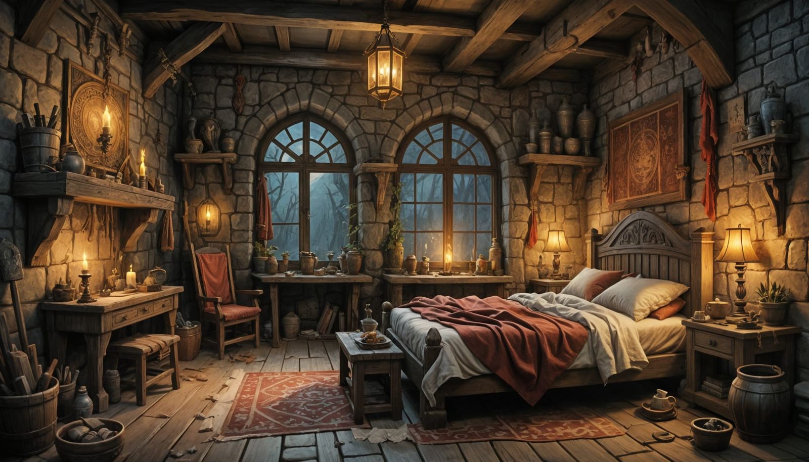 Cozy Dungeon Bedroom in Muted Colors - AI Art