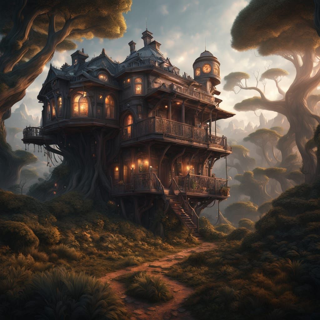 Steampunk Treehouse in a Bioluminescent Giant - AI Art