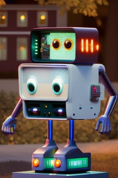 Excited standing bot with a pixelated CRT TV face smiling, by mark ...