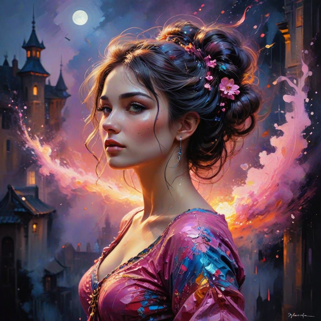 Watercolor portrait of a flirty genie. Full body view Detailed portrait ...