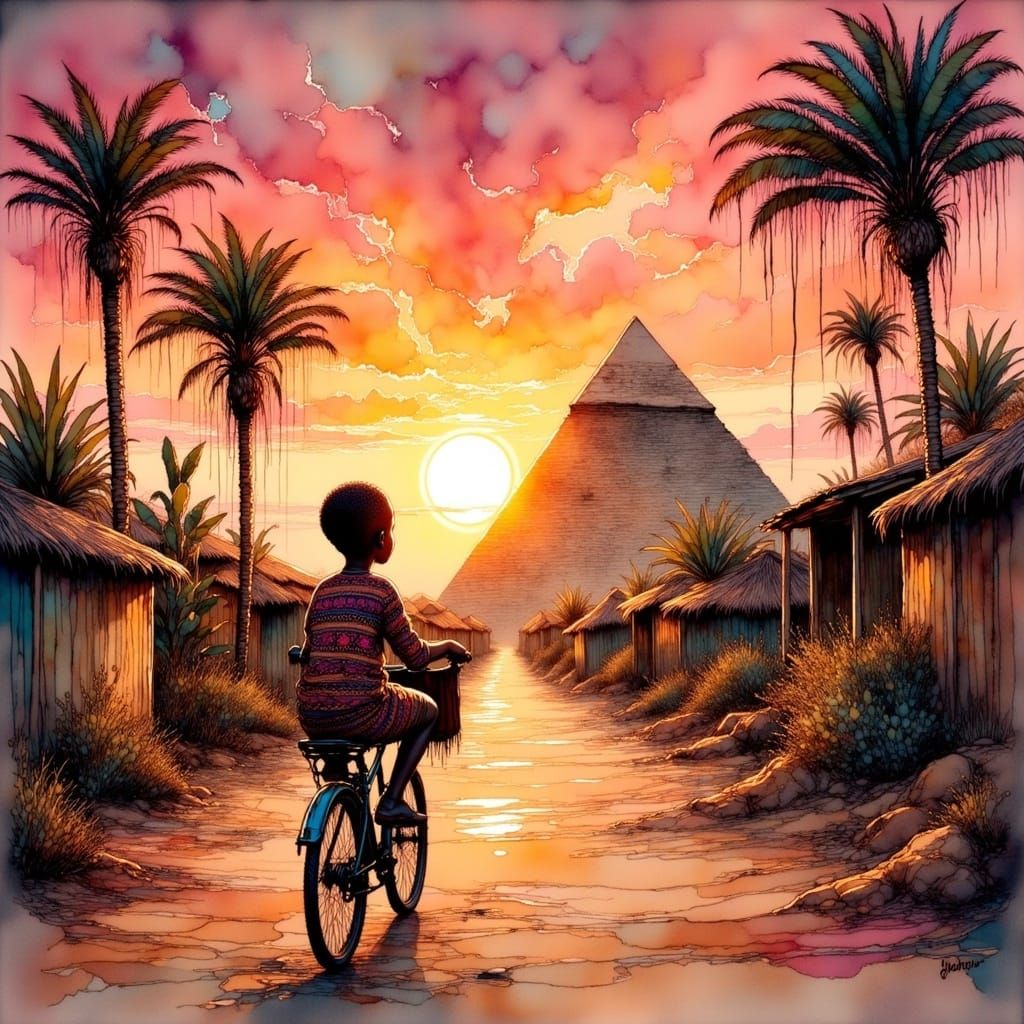 At sunset, the photo shows a dark young boy dressed in local African ...