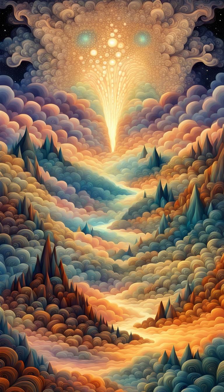 Art deco fractal cascading landscape, fantasy illustration, textured ...