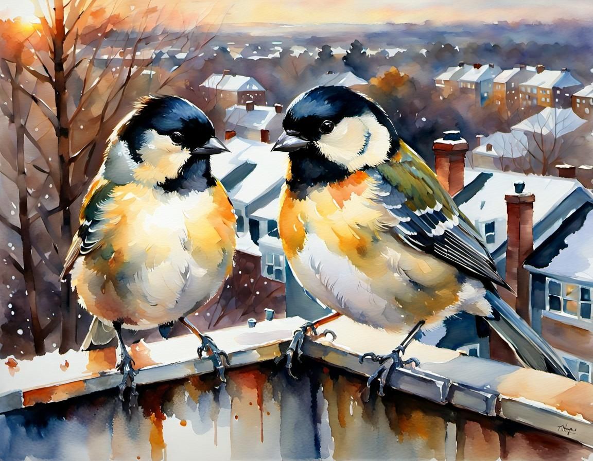 Watercolor painting of two birds sitting on a gutter in Virginia suburb ...