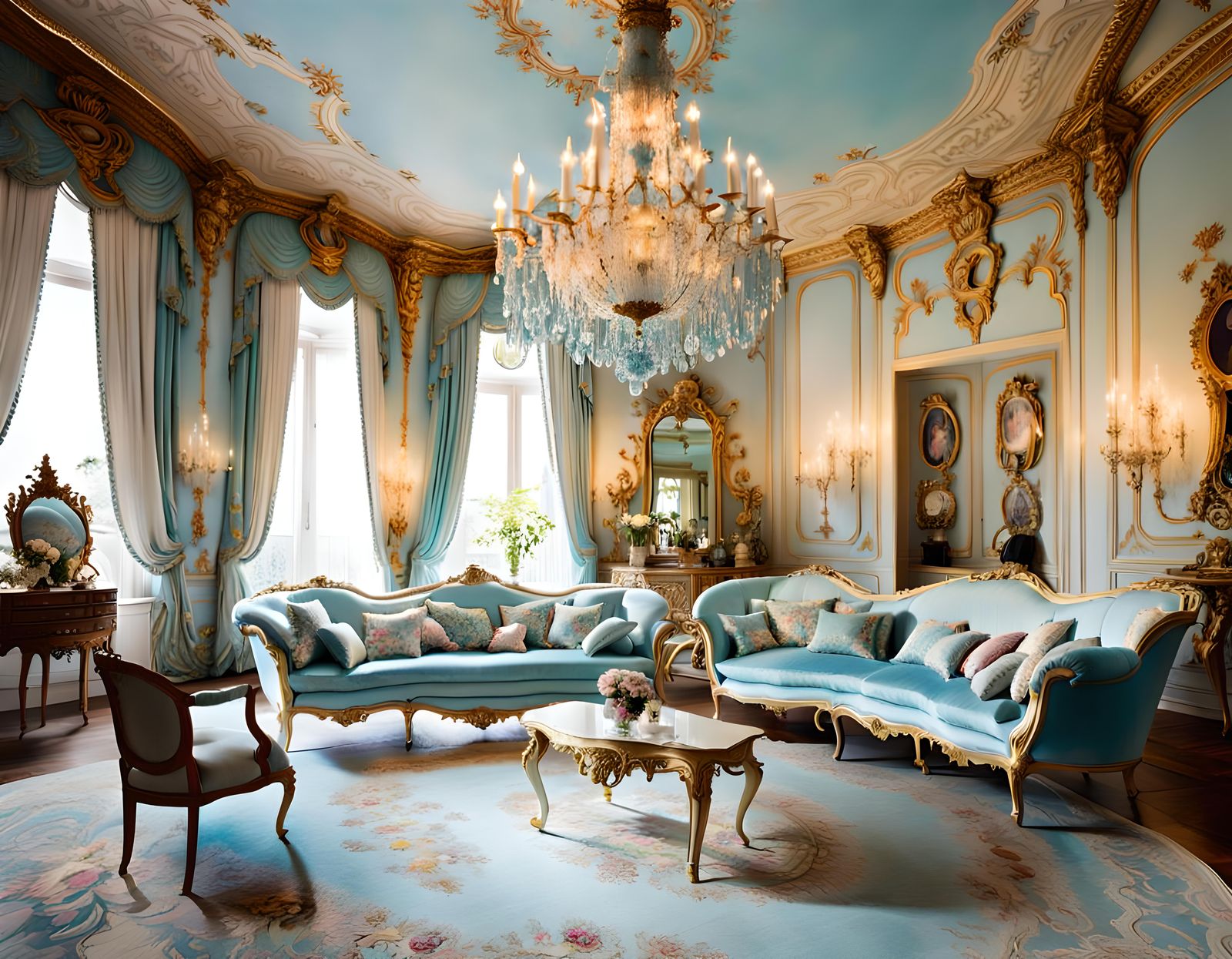 a rococo maximalist living room with a chandelier and a silk light blue ...