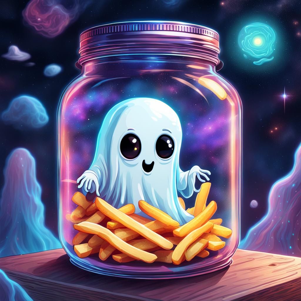 A jar with a cute ghost inside eating fries - AI Generated Artwork ...