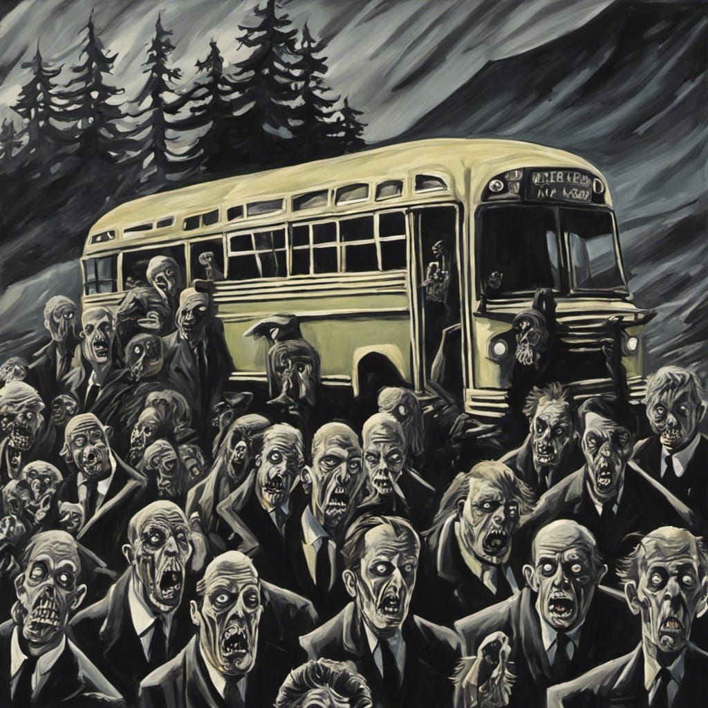 Scary intense detail Alfred Hitchcock film noir bus full of zombies ...
