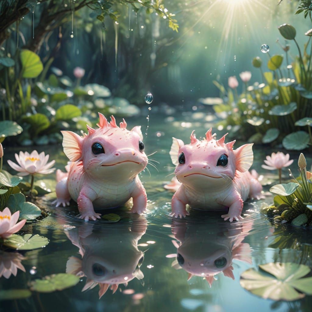 Whimsical Chibi Axolotls in Pastel Paradise - AI Art