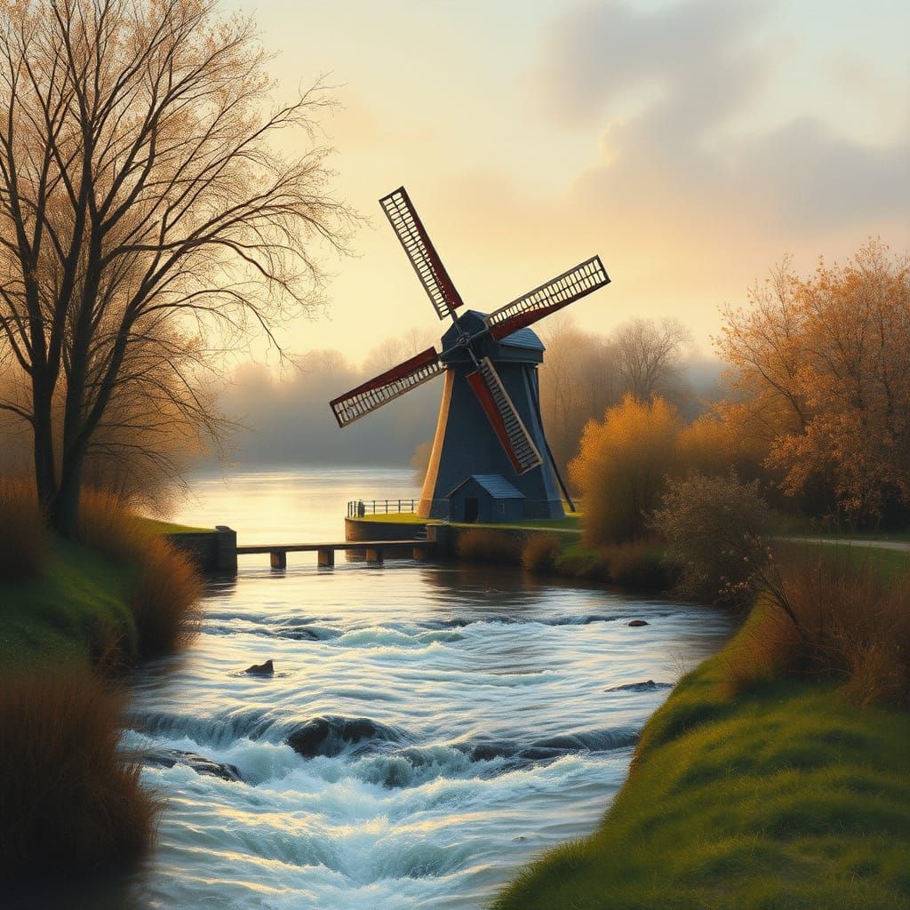 Classic Watermill in Autumn Splendor, in Aquarel S... - AI Art