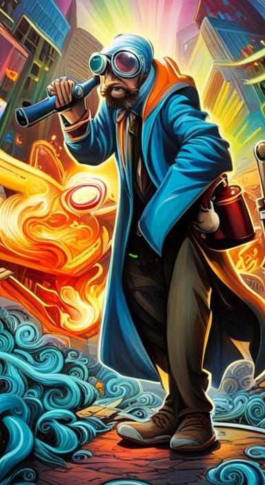 mad-scientist discovers the meaning of life, graffiti art, splash art ...