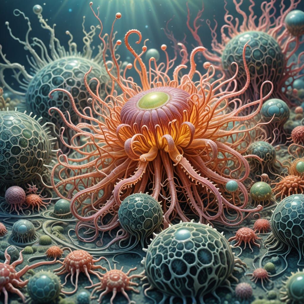 Alien forms of life - Glowing Microbe in Iridescent Liquid,