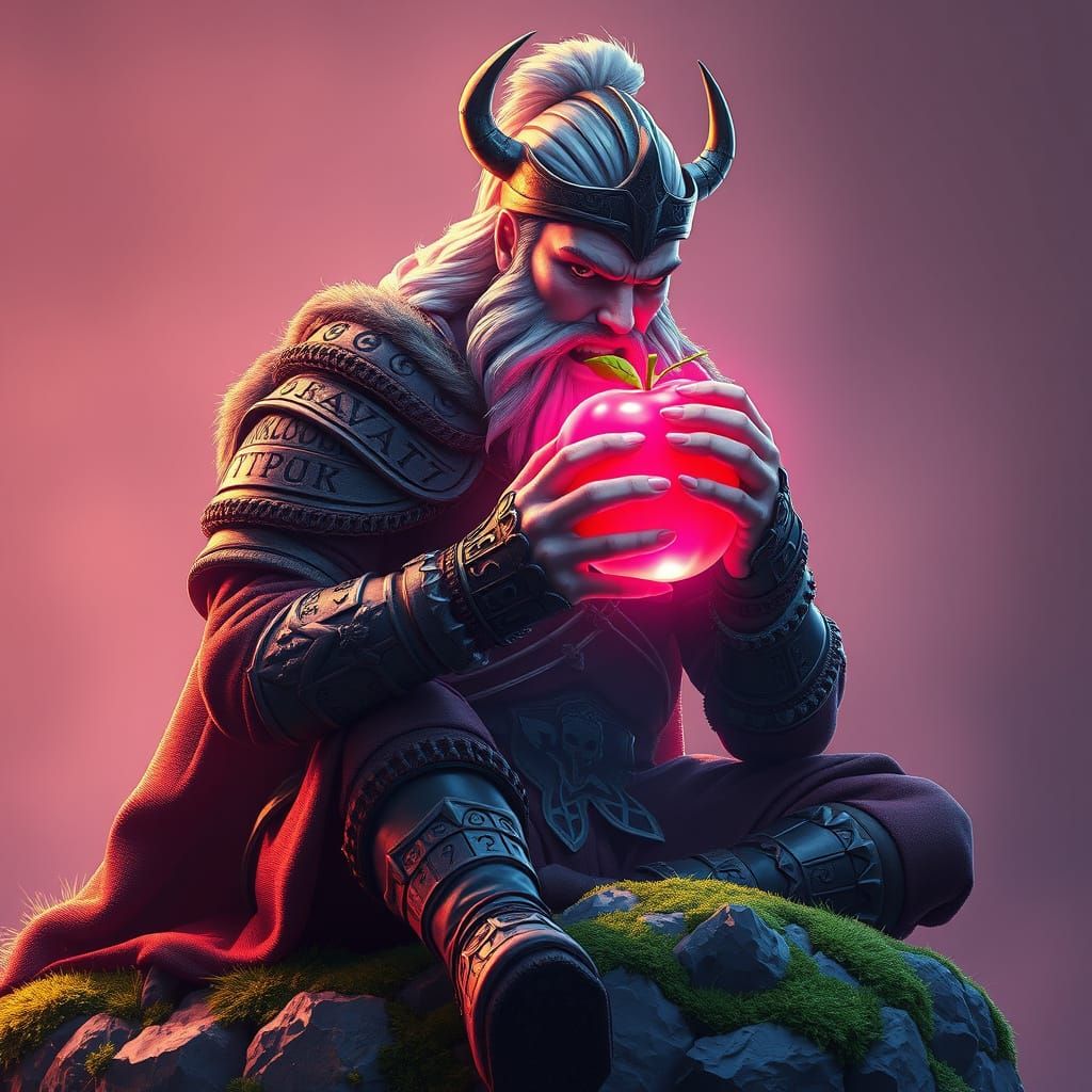 Viking Warrior Devours Glowing Plum in Neon Landsc... - AI Art