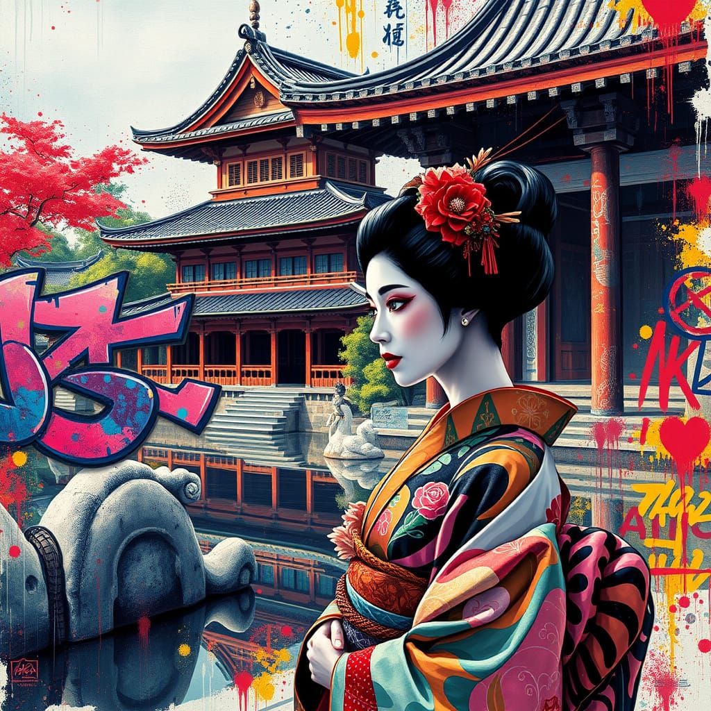 japanese garden - Geisha Amidst Vibrant Graffiti Japanese Ga...