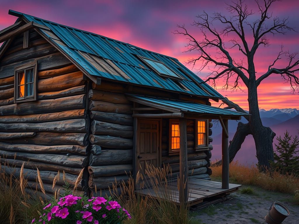 Weathered Log Cabin at Twilight in Earthy, Distres... - AI Art