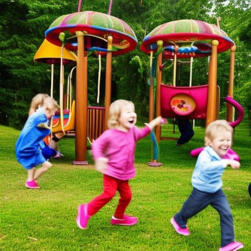 a group of preschoolers joyfully playing. The swirling colors, create a ...