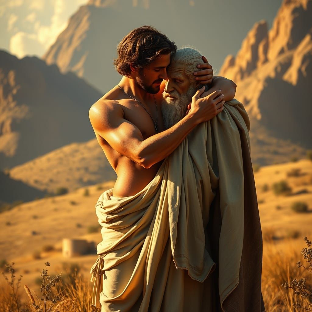 Greek god Apollo embracing Zeus, photorealistic style, intense intimate ...