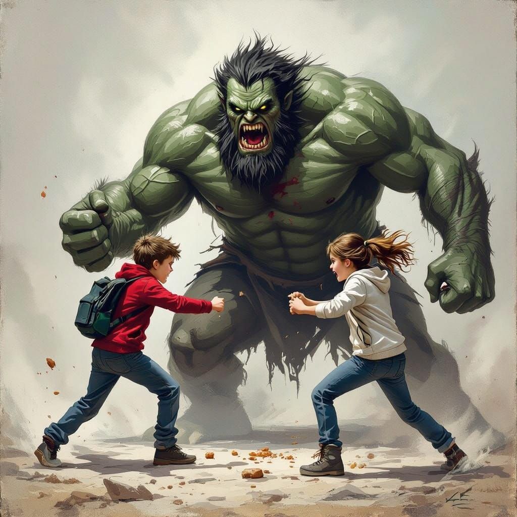 Twin Orphans Clash with Fearsome Butcher in Dark A... - AI Art