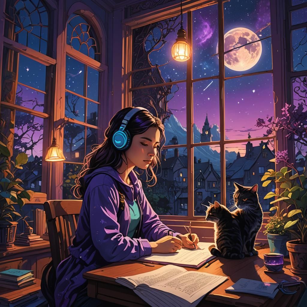 Lofi girl writing and studying on the table under a study lamp wearing ...