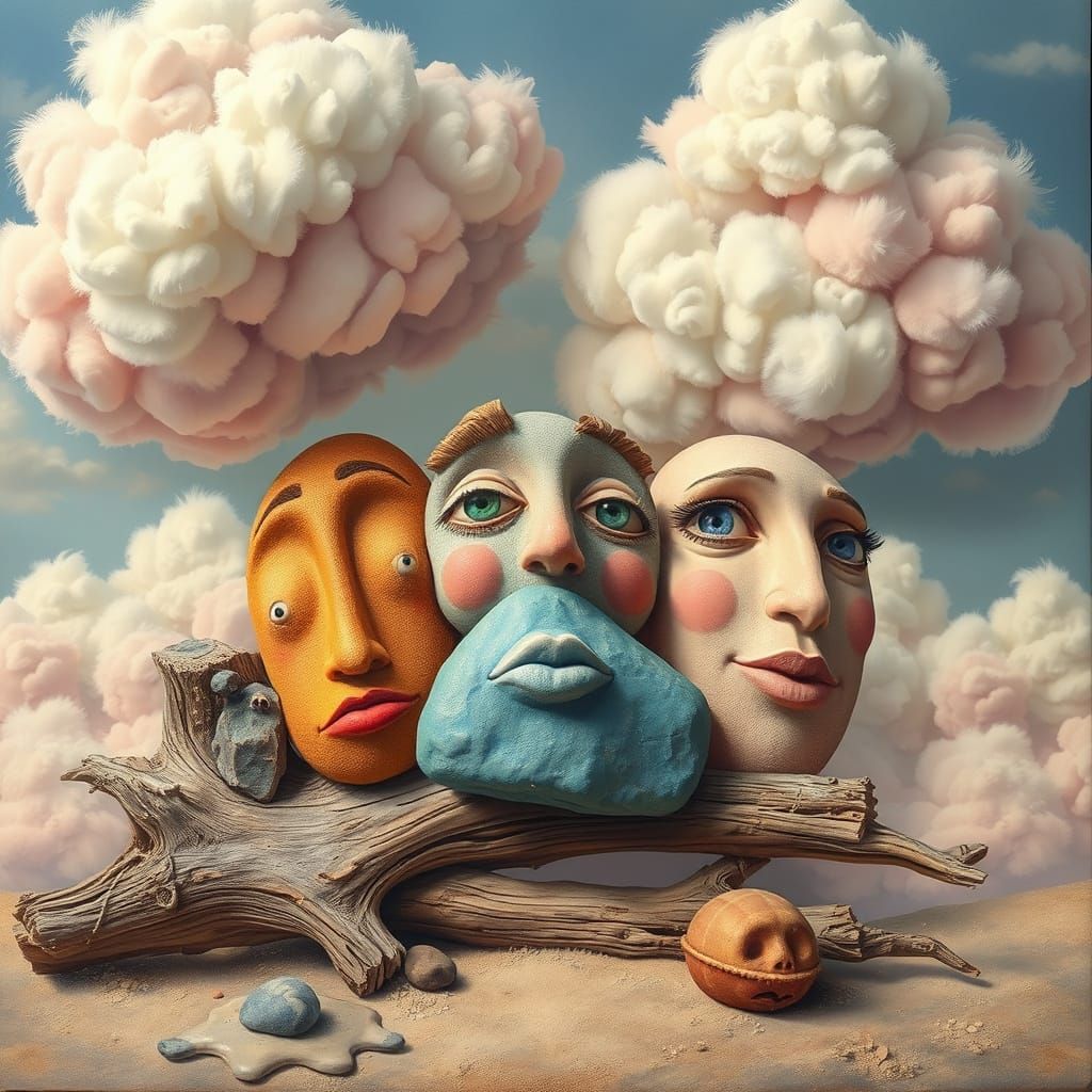 Vibrant, whimsical, surrealist depiction of various inanimate objects ...